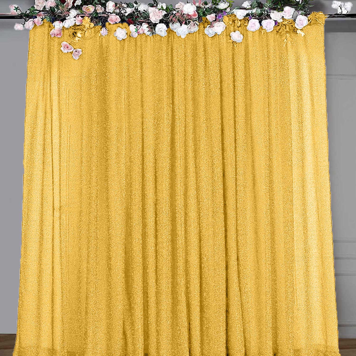 Hanha 2PC-5X10FT Gold Metallic Shiny Spandex Backdrop Curtain Party Wedding Backdrop Photography Background Photo Booth Studio Background Home Party Supplies Christmas Decor (Gold)