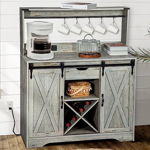 Wnutrees Farmhouse Coffee Bar Cabinet with Charging Station and USB Ports,Sliding Barn Door,43" Kitchen Hutch Sideboard Buffet Storage Cabinet,Fits Kitchen Dining Living Room,Grey