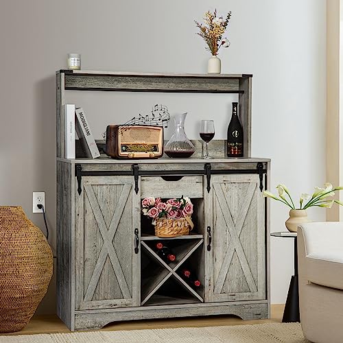 Wnutrees Farmhouse Coffee Bar Cabinet with Charging Station and USB Ports,Sliding Barn Door,43" Kitchen Hutch Sideboard Buffet Storage Cabinet,Fits Kitchen Dining Living Room,Grey