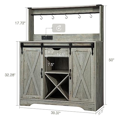 Wnutrees Farmhouse Coffee Bar Cabinet with Charging Station and USB Ports,Sliding Barn Door,43" Kitchen Hutch Sideboard Buffet Storage Cabinet,Fits Kitchen Dining Living Room,Grey