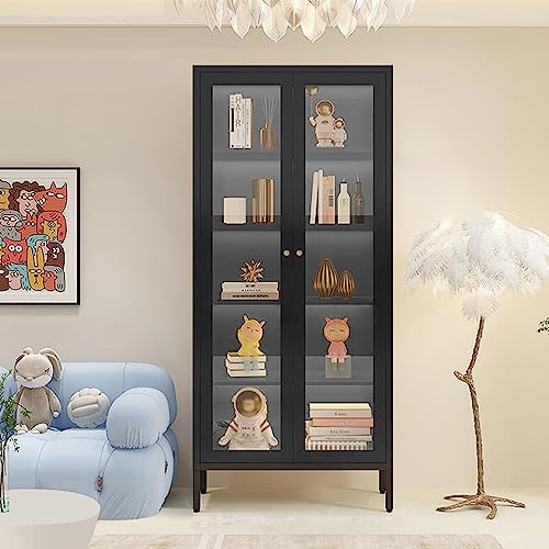 Greenvelly Metal Storage Cabinet, Black Display Curio Glass Storage Cabinet with Glass Doors and 4 Shelves, Tall Glass Bookcase Cabinet Modern Bookshelf Cabinet for Home Office, Living Room, Pantry