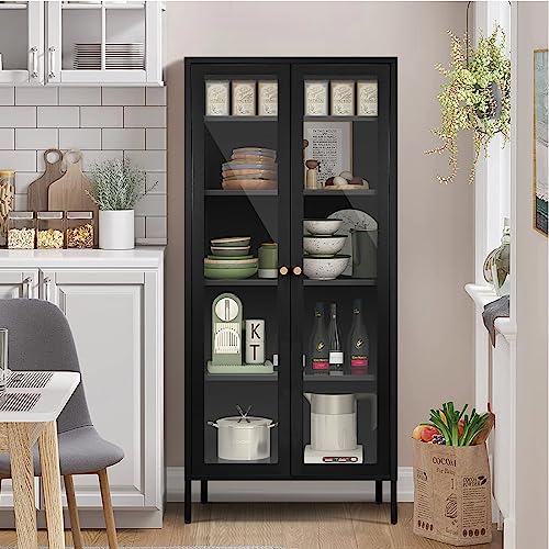 Greenvelly Metal Storage Cabinet, Black Display Curio Glass Storage Cabinet with Glass Doors and 4 Shelves, Tall Glass Bookcase Cabinet Modern Bookshelf Cabinet for Home Office, Living Room, Pantry