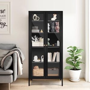 Greenvelly Metal Storage Cabinet, Black Display Curio Glass Storage Cabinet with Glass Doors and 4 Shelves, Tall Glass Bookcase Cabinet Modern Bookshelf Cabinet for Home Office, Living Room, Pantry