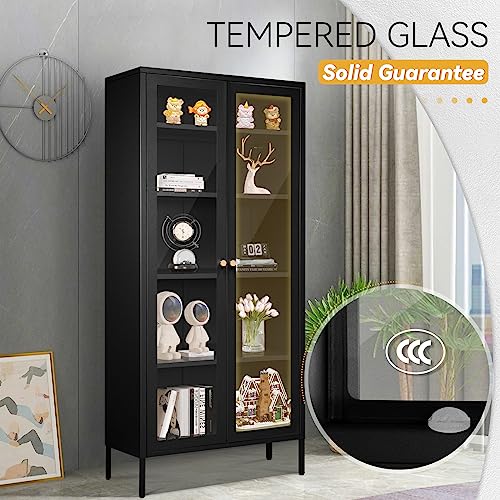 Greenvelly Metal Storage Cabinet, Black Display Curio Glass Storage Cabinet with Glass Doors and 4 Shelves, Tall Glass Bookcase Cabinet Modern Bookshelf Cabinet for Home Office, Living Room, Pantry