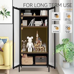 Greenvelly Metal Storage Cabinet, Black Display Curio Glass Storage Cabinet with Glass Doors and 4 Shelves, Tall Glass Bookcase Cabinet Modern Bookshelf Cabinet for Home Office, Living Room, Pantry