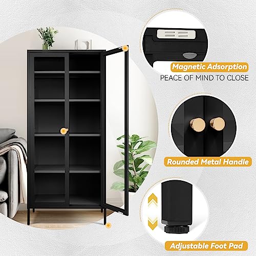 Greenvelly Metal Storage Cabinet, Black Display Curio Glass Storage Cabinet with Glass Doors and 4 Shelves, Tall Glass Bookcase Cabinet Modern Bookshelf Cabinet for Home Office, Living Room, Pantry