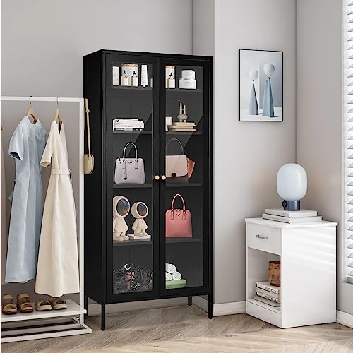 Greenvelly Metal Storage Cabinet, Black Display Curio Glass Storage Cabinet with Glass Doors and 4 Shelves, Tall Glass Bookcase Cabinet Modern Bookshelf Cabinet for Home Office, Living Room, Pantry