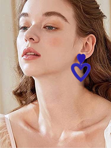 Clip on Earrings Non Piercing Hot Pink Earrings for Women Double Heart Dangle Drop Earring Neon Big Love Heart Dangle Earrings for Girls Hypoallergenic 4th of July Gift Red Green Blue Black Earrings