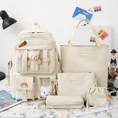 YGYCF Kawaii Backpack 5Pcs Set for Student with Cute Bear Accessories - School Bags for Teen Girls Back to School Supplies Essentials Aesthetic Bookbag, A White