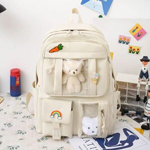 YGYCF Kawaii Backpack 5Pcs Set for Student with Cute Bear Accessories - School Bags for Teen Girls Back to School Supplies Essentials Aesthetic Bookbag, A White