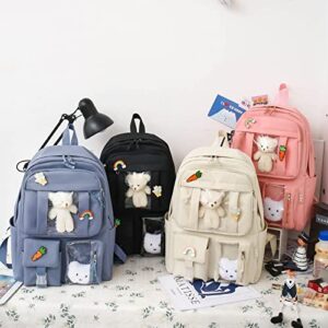 YGYCF Kawaii Backpack 5Pcs Set for Student with Cute Bear Accessories - School Bags for Teen Girls Back to School Supplies Essentials Aesthetic Bookbag, A White