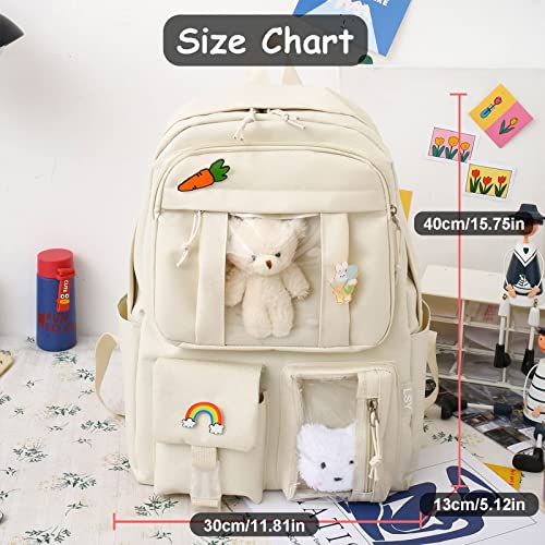 YGYCF Kawaii Backpack 5Pcs Set for Student with Cute Bear Accessories - School Bags for Teen Girls Back to School Supplies Essentials Aesthetic Bookbag, A White