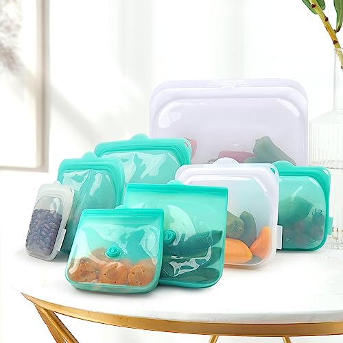 Silicone Reusable Storage Bag, BUDO Bundle 3-Pack (Aqua) with Time Mark, BPA Free Food Grade Meal Prep Storage Container for Lunch Travel Makeup Gym Bag Freezer Oven Microwave Dishwasher Safe