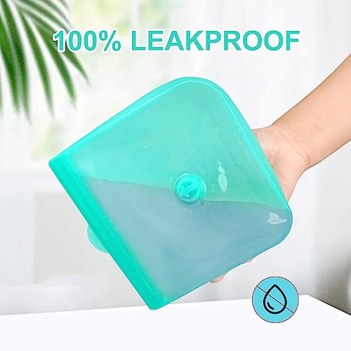 Silicone Reusable Storage Bag, BUDO Bundle 3-Pack (Aqua) with Time Mark, BPA Free Food Grade Meal Prep Storage Container for Lunch Travel Makeup Gym Bag Freezer Oven Microwave Dishwasher Safe