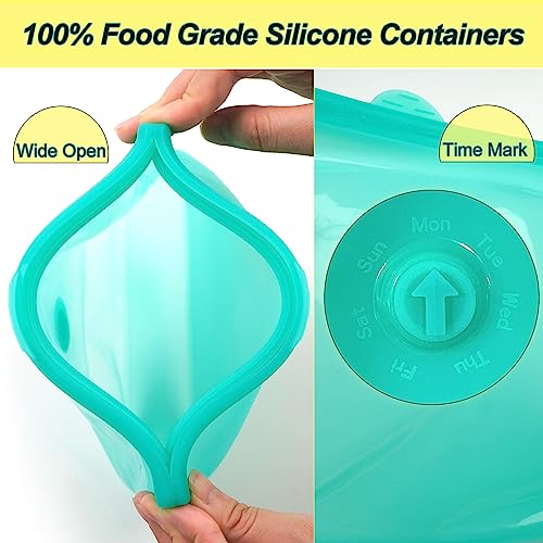 Silicone Reusable Storage Bag, BUDO Bundle 3-Pack (Aqua) with Time Mark, BPA Free Food Grade Meal Prep Storage Container for Lunch Travel Makeup Gym Bag Freezer Oven Microwave Dishwasher Safe