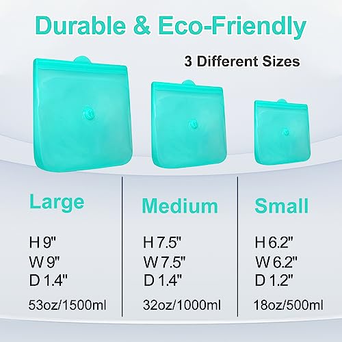 Silicone Reusable Storage Bag, BUDO Bundle 3-Pack (Aqua) with Time Mark, BPA Free Food Grade Meal Prep Storage Container for Lunch Travel Makeup Gym Bag Freezer Oven Microwave Dishwasher Safe