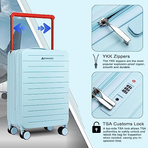 Somago 20 inch Carry On Luggage Wide Handle PC Hardside Rolling Bussiness Travel Suitcase With TSA Lock YKK Zipper&Silent Double Spinner Wheels(Blue)