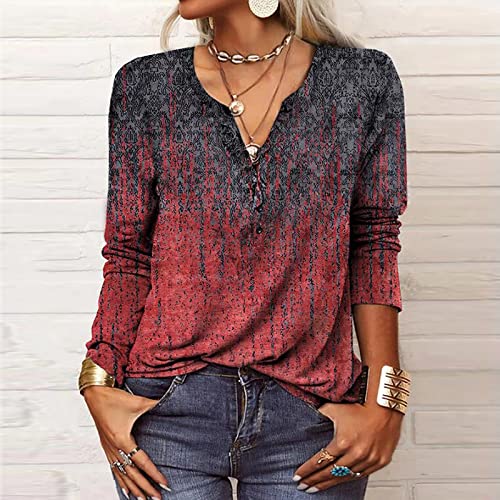 SMIDOW Womens Ethnic Style Long Sleeve Tops 2023 Trendy Spring Shirts v Neck Loose Comfy Pullover Tops Blouse Dressy Casual