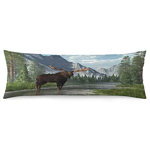 AIRMARK Animal Body Pillow Cover,A Bull Moose Stands in The Ankle deep Waters Printed Long Pillow Cases Protector with Zipper Decor Soft Large Covers Cushion for Beding,Couch,Sofa,Home Gift 20"x54"