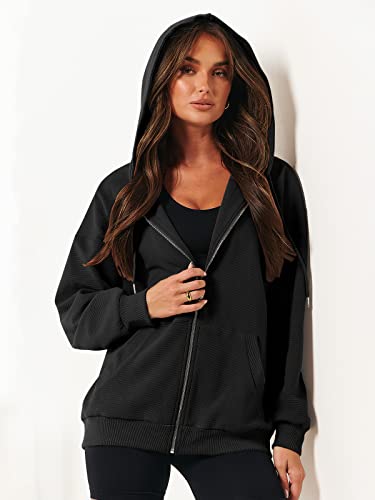 ANRABESS Women's Zip Up Hoodie Oversized Fall Sweatshirts Y2k Jacket Rib Knitted Casual Long Sleeve Shirts Comfy Clothes Black 931heise-XL