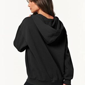 ANRABESS Women's Zip Up Hoodie Oversized Fall Sweatshirts Y2k Jacket Rib Knitted Casual Long Sleeve Shirts Comfy Clothes Black 931heise-XL