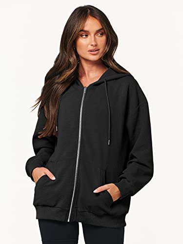 ANRABESS Women's Zip Up Hoodie Oversized Fall Sweatshirts Y2k Jacket Rib Knitted Casual Long Sleeve Shirts Comfy Clothes Black 931heise-XL