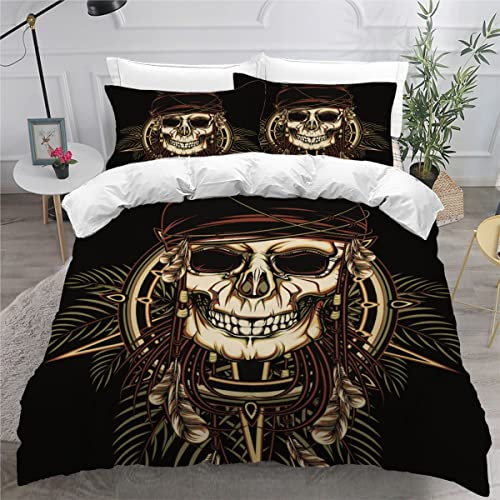 Quilt Cover Twin Size Pirate 3D Bedding Sets Skull Duvet Cover Breathable Hypoallergenic Stain Wrinkle Resistant Microfiber with Zipper Closure,beding Set with 2 Pillowcase