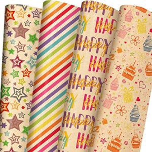 zintbial kraft birthday wrapping paper for kids adults - brown gift wrap with cakes, rainbow stripes, stars, and "happy birthday" design - 20 x 29 inches per sheet (8 sheets 33 sq. ft.) recyclable, easy to store, not rolled