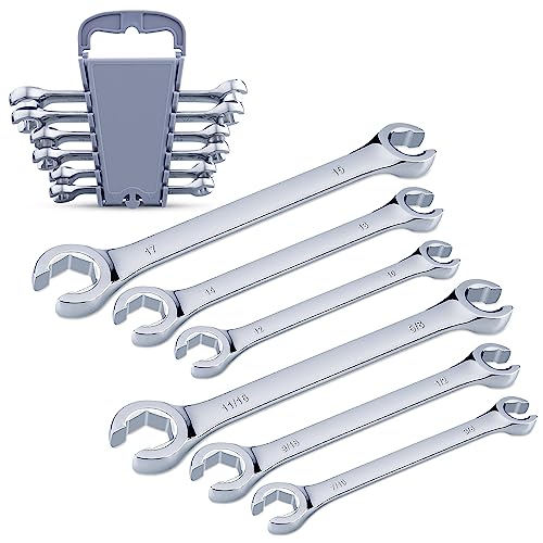 EFFICERE 6-Piece Metric and SAE Flare Nut Wrench Set with Rack | Metric 10mm - 17mm, Inch 3/8” - 11/16” | Cr-V Steel, 6-Point Double-End Design, Best Line Wrench for Fuel, Brake, Air Conditioning