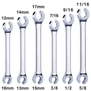 EFFICERE 6-Piece Metric and SAE Flare Nut Wrench Set with Rack | Metric 10mm - 17mm, Inch 3/8” - 11/16” | Cr-V Steel, 6-Point Double-End Design, Best Line Wrench for Fuel, Brake, Air Conditioning