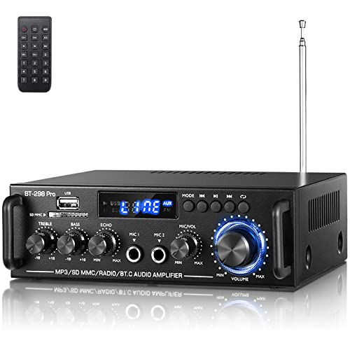 Facmogu Home Audio Amplifier, Bluetooth 5.0 Receiver Wireless Power Amplifier, Max 400Wx2 RMS 50Wx2 Dual Channel HiFi Sound Audio System Home Stereo Receiver, MIC in w/Echo, Bass & Treble w/USB/RCA/FM