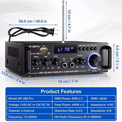 Facmogu Home Audio Amplifier, Bluetooth 5.0 Receiver Wireless Power Amplifier, Max 400Wx2 RMS 50Wx2 Dual Channel HiFi Sound Audio System Home Stereo Receiver, MIC in w/Echo, Bass & Treble w/USB/RCA/FM