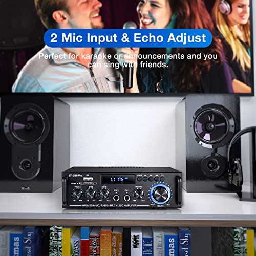 Facmogu Home Audio Amplifier, Bluetooth 5.0 Receiver Wireless Power Amplifier, Max 400Wx2 RMS 50Wx2 Dual Channel HiFi Sound Audio System Home Stereo Receiver, MIC in w/Echo, Bass & Treble w/USB/RCA/FM