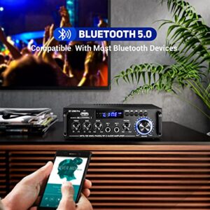 Facmogu Home Audio Amplifier, Bluetooth 5.0 Receiver Wireless Power Amplifier, Max 400Wx2 RMS 50Wx2 Dual Channel HiFi Sound Audio System Home Stereo Receiver, MIC in w/Echo, Bass & Treble w/USB/RCA/FM