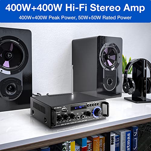 Facmogu Home Audio Amplifier, Bluetooth 5.0 Receiver Wireless Power Amplifier, Max 400Wx2 RMS 50Wx2 Dual Channel HiFi Sound Audio System Home Stereo Receiver, MIC in w/Echo, Bass & Treble w/USB/RCA/FM