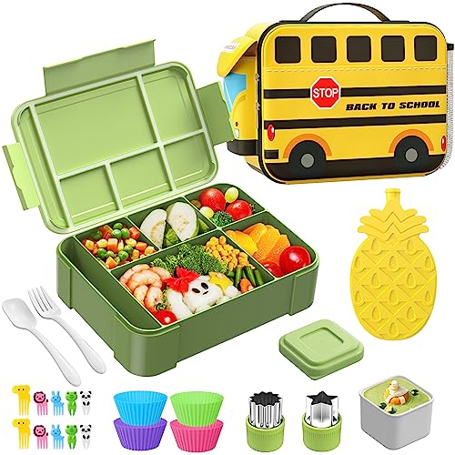 HOMETALL Bento Lunch Box Kit - Lunch Box Kids with Insulated Lunch Bag and Fun Accessories, 1450ML-6 Compartment Leak-Proof Bento Box, Suitable for Kids Go to School, Picnics, BPA-Free