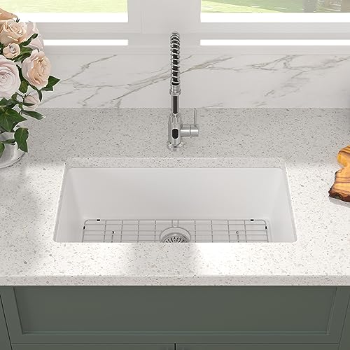 33 White Kitchen Sink Undermount - Sarlai 33 x 19 Kitchen Sink Granite Composite Quartz Under Counter Single Bowl Kitchen Sink Basin, White