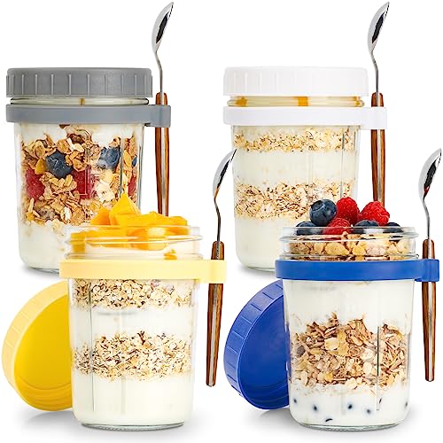 4 Pack Overnight Oats Containers with Lids and Spoons, 12 oz Glass Mason Overnight Oats Jars, Airtight Oatmeal Container with Measurement Marks for Yogurt Milk Cereal Vegetable and Fruit Salad