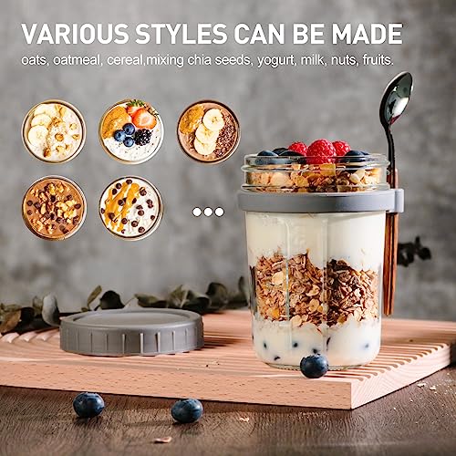 4 Pack Overnight Oats Containers with Lids and Spoons, 12 oz Glass Mason Overnight Oats Jars, Airtight Oatmeal Container with Measurement Marks for Yogurt Milk Cereal Vegetable and Fruit Salad