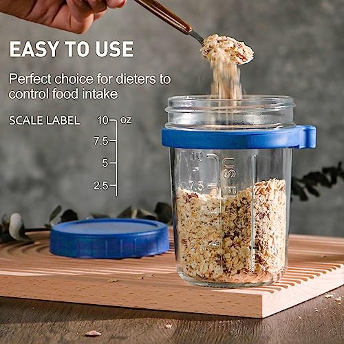 4 Pack Overnight Oats Containers with Lids and Spoons, 12 oz Glass Mason Overnight Oats Jars, Airtight Oatmeal Container with Measurement Marks for Yogurt Milk Cereal Vegetable and Fruit Salad