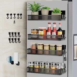 magnetic spice rack for refrigerator, 4 packs super strong magnetic holder 13lbs, movable magnetic shelf for refrigerator kitchen organization -2 paper towel holder,5 magnetic hooks,8 removable hooks