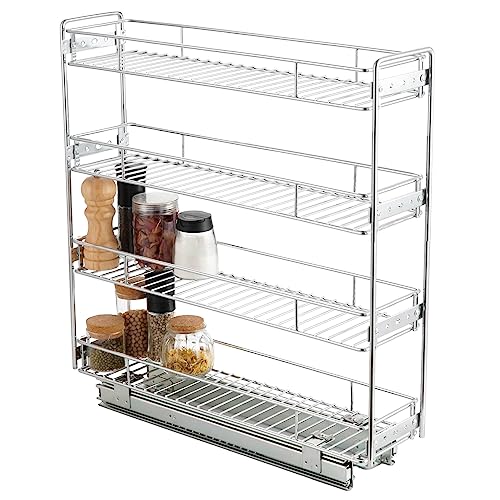 OCG 4-Tier Pull Out Kitchen Cabinet Spice Rack Holder Shelves (8" W x 21" D), Slide Out Slim Storage Wire Baskets for Storage Organization, Narrow Pull Out Storage for Narrow Space