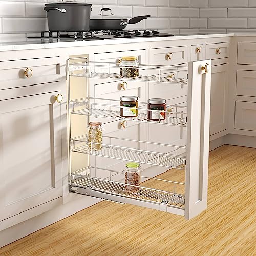 OCG 4-Tier Pull Out Kitchen Cabinet Spice Rack Holder Shelves (8" W x 21" D), Slide Out Slim Storage Wire Baskets for Storage Organization, Narrow Pull Out Storage for Narrow Space