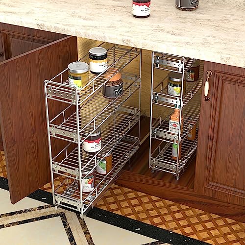 OCG 4-Tier Pull Out Kitchen Cabinet Spice Rack Holder Shelves (8" W x 21" D), Slide Out Slim Storage Wire Baskets for Storage Organization, Narrow Pull Out Storage for Narrow Space