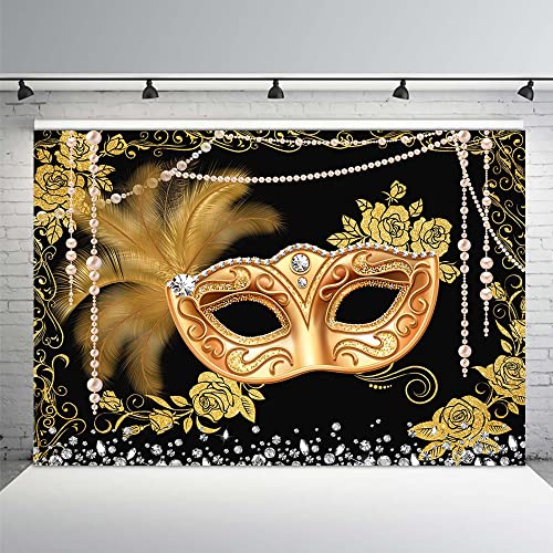 MEHOFOND Masquerade Ball Backdrop Black Gold Masquerade Party Photography Background Mardi Gras Carnival Costume Party Decorations Sweet 16 Dress-Up Banner Supplies Photo Studio Props 8x6ft