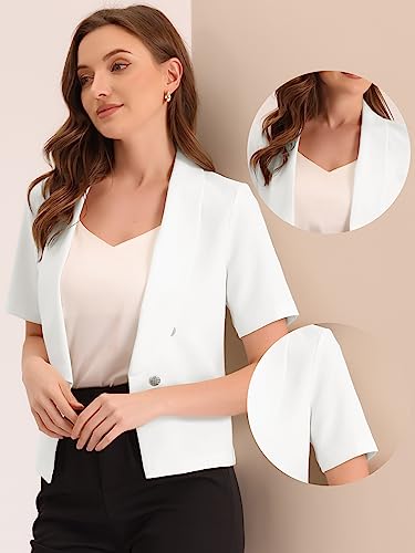 Allegra K Casual Shawl Collar Open Front Cardigan for Women's Short Sleeve Work Office Suit Blazer Beige M