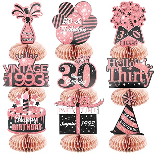 9Pcs 30th Birthday Decorations Men, Rose Gold 30th Birthday Centerpieces for Tables Decorations for Women, Honeycomb Table Topper, Best Gifts for thirty Years Birthday Prarty Decoration Supplies.