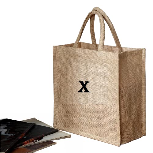 Globyz Jute Bag with Initials Burlap Tote Bag with Reinforced Handle for Women Men Grocerry Shopping Bridesmaid (X, Small (28 * 25 * 12 CM))