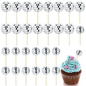 30pcs disco ball cupcake toppers, disco ball with bamboo sticks disco theme cake toppers for cake decorations cupcake decor dessert accessories disco party (silver)