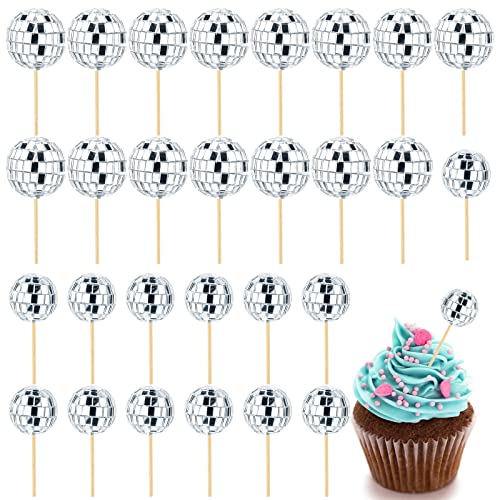 30pcs Disco Ball Cupcake Toppers, Disco Ball with Bamboo Sticks Disco Theme Cake Toppers for Cake Decorations Cupcake Decor Dessert Accessories Disco Party (Silver)